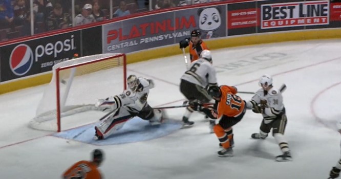 Jackson Cates scores his first goal of the season in a loss to Hershey ...